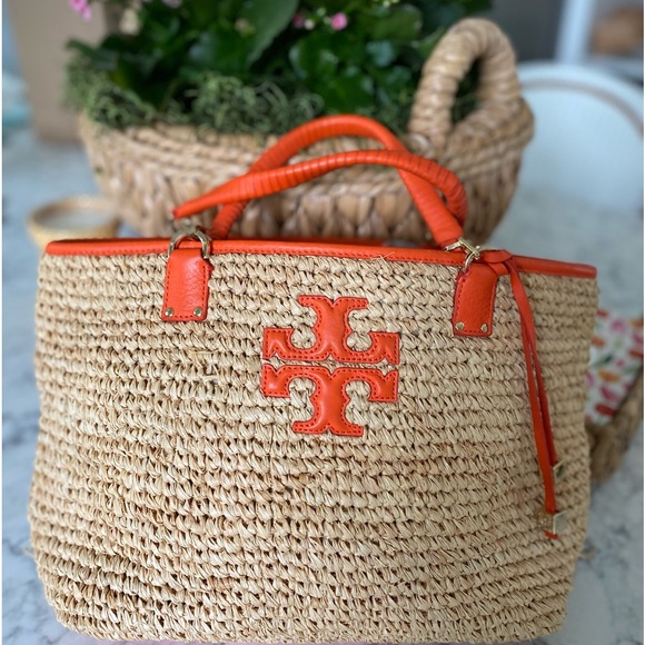 Tory Burch | Bags | Tory Burch Raffia Handbag Orange Trim | Poshmark